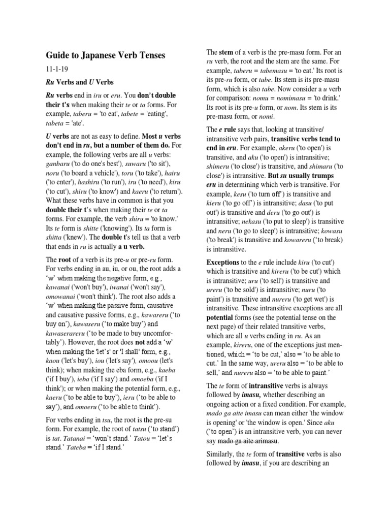 Guide To Japanese Verb Tenses: Ru Verbs and U Verbs Ru Verbs End in Iru ...