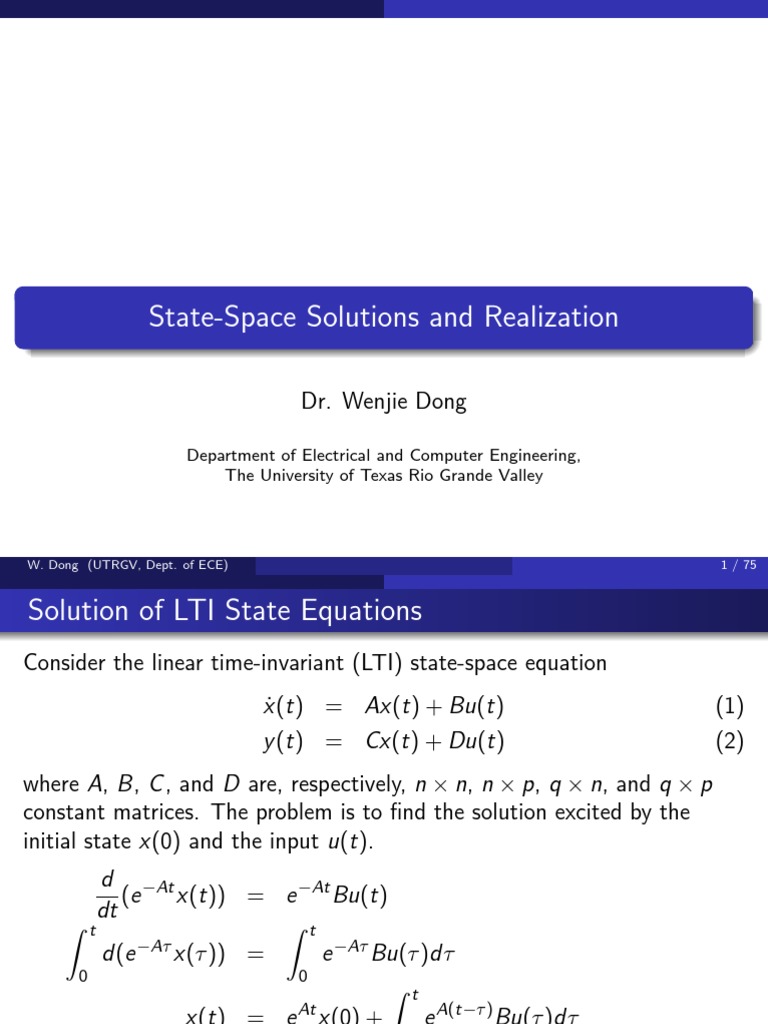 Lecture 3 State-Space Solutions and Realization - v1 | PDF | Matrix (Mathematics) | Eigenvalues ...