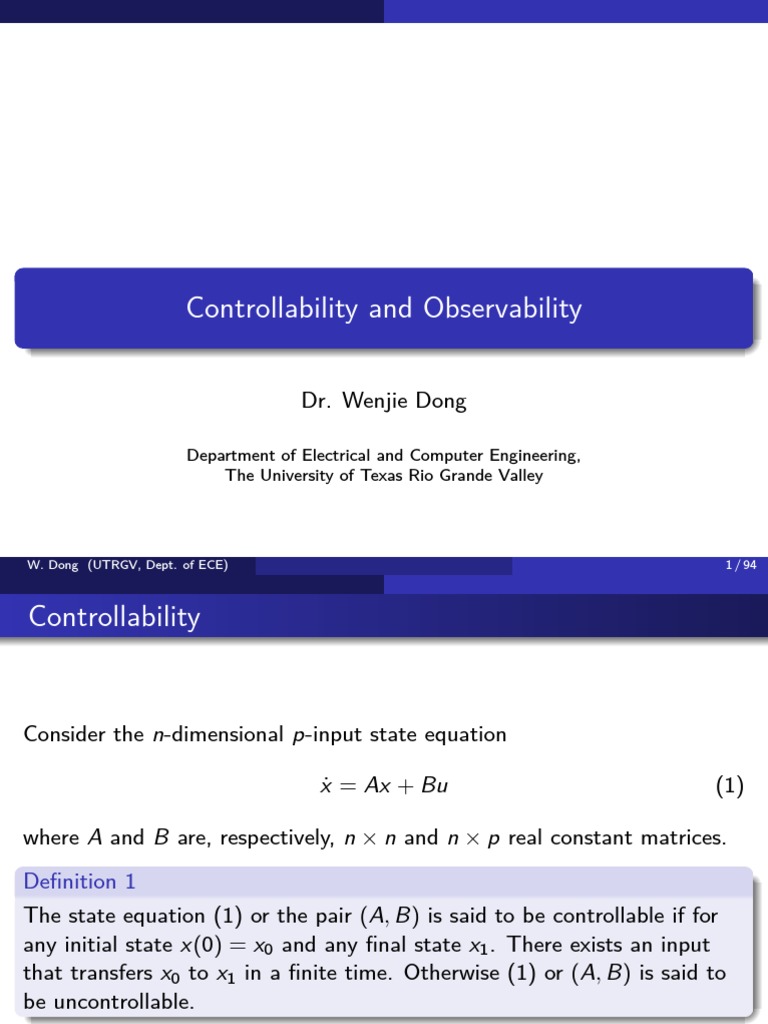 Controllability and Observability: Dr. Wenjie Dong | PDF | Eigenvalues ...