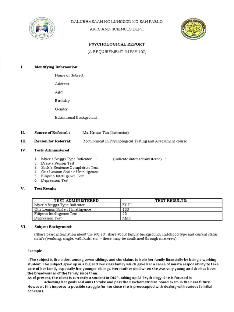 Psychological Report Sample for Students | PDF | Psychiatry Related ...