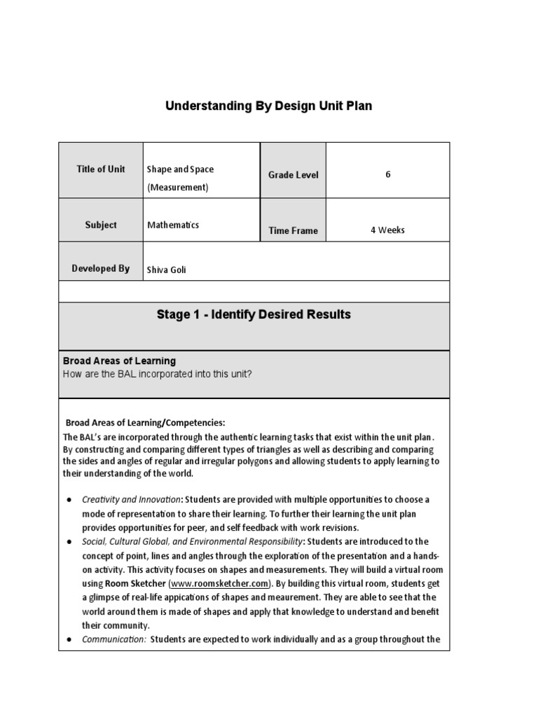 Shape and Space Unit for Grade 6 | PDF | Area | Volume