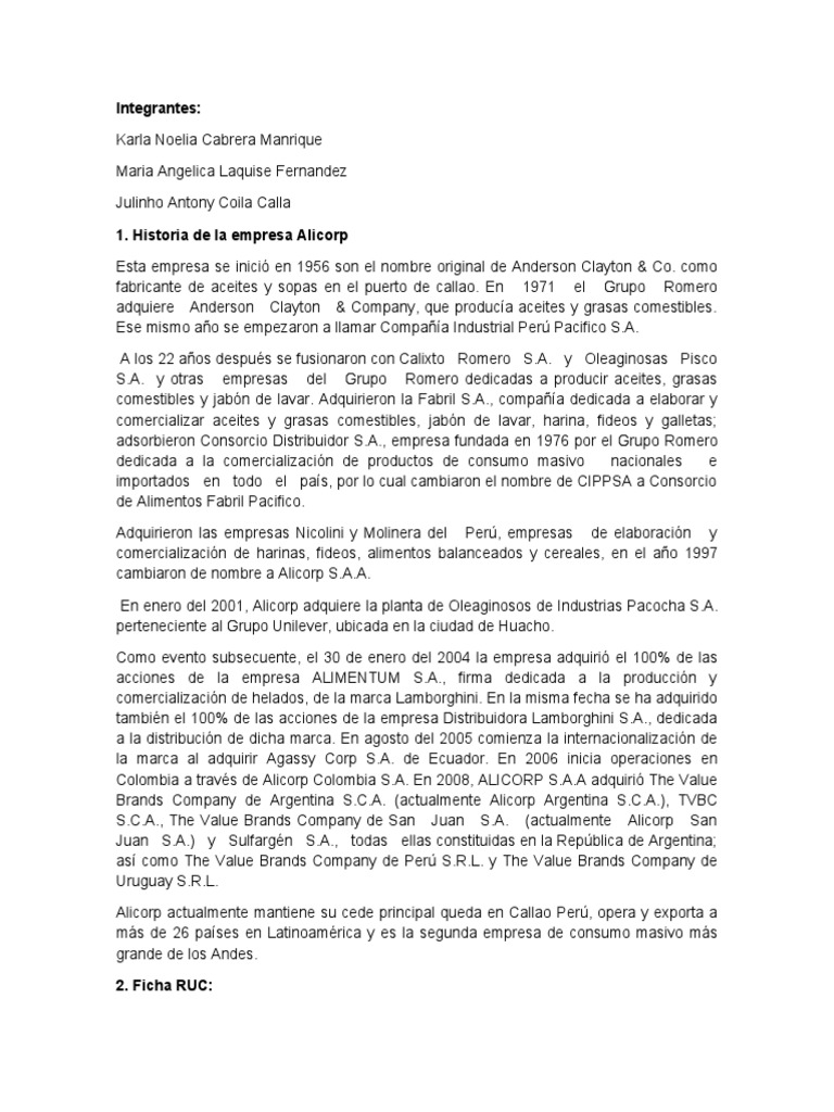 Historia y Productos de Alicorp | PDF | Alimentos | Bienes de consumo