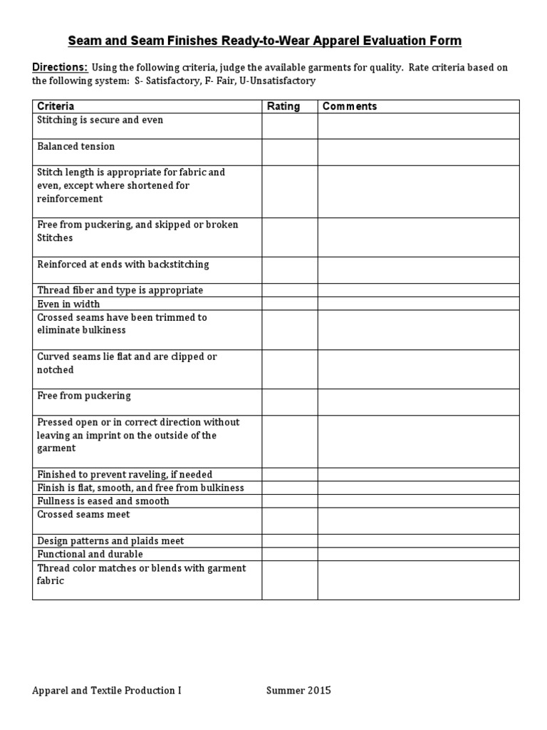 Seam and Seam Finishes Ready-To-Wear Apparel Evaluation Form Handout | PDF