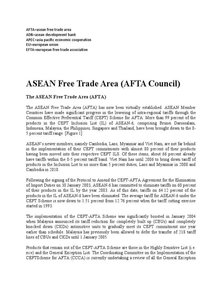 The ASEAN Free Trade Area (AFTA) | PDF | Asean Free Trade Area ...
