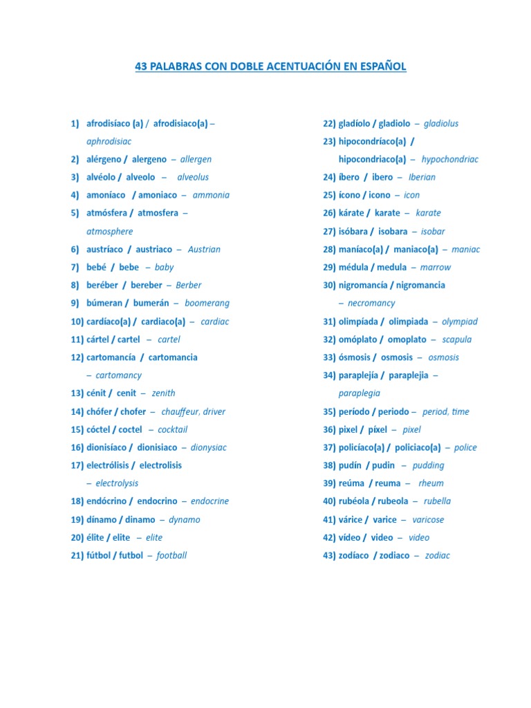 43 Palabras con Doble Acentuación | PDF | Alfabeto | Ortografía