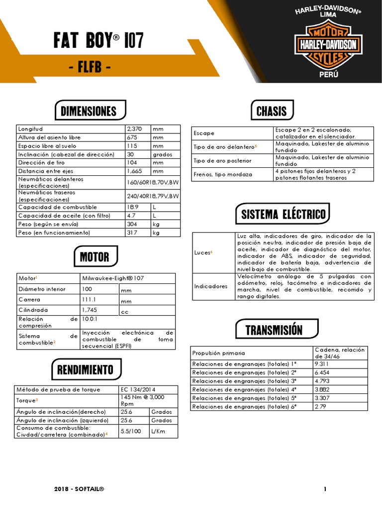 Especificaciones Técnicas 2018 Fat Boy | PDF | Engranaje | Vehículo de ...