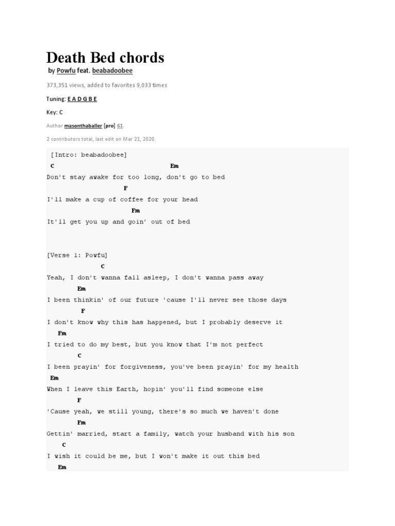 Death Bed Chords: Powfu Beabadoobee | PDF | Musical Forms | Musical ...