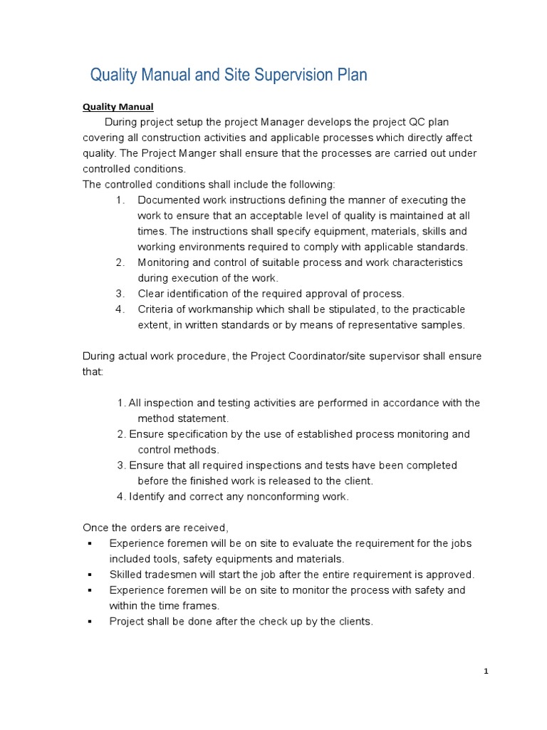Quality Manual and Site Supervision Plan | PDF | Supervisor ...