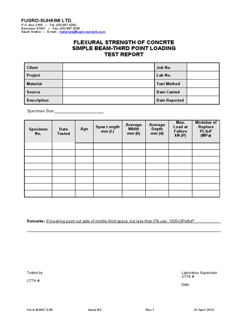 Flexural Sterngth of Concrete Simple Beam - Test Report
