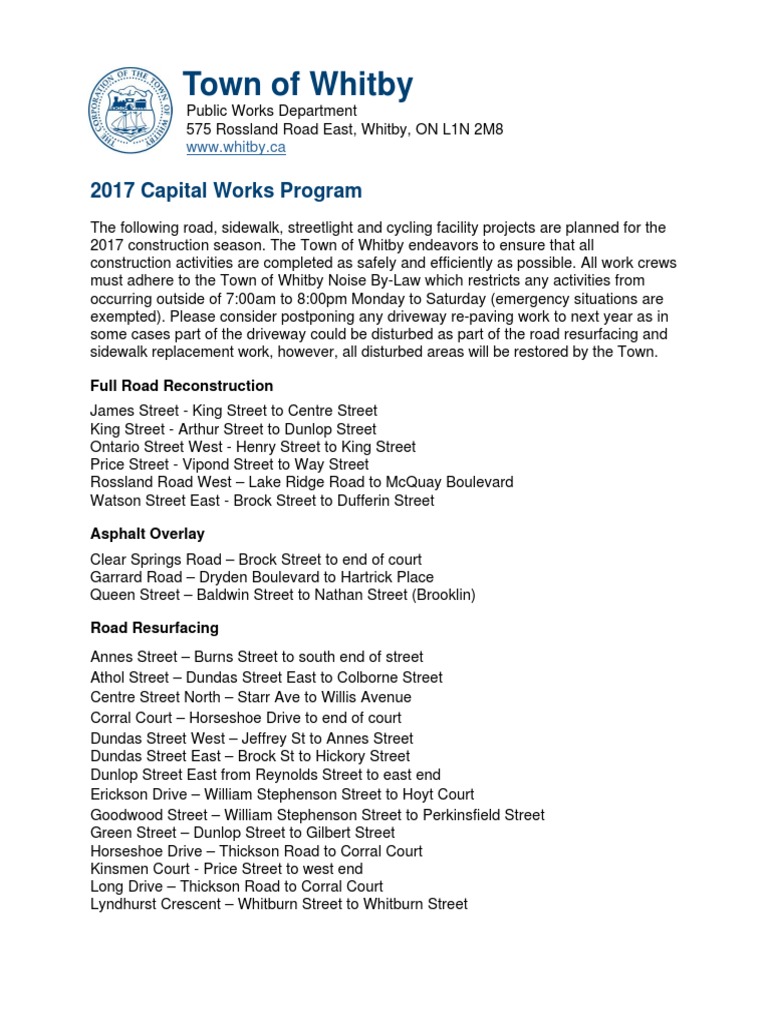 Town of Whitby: 2017 Capital Works Program | PDF | Street | Land Management