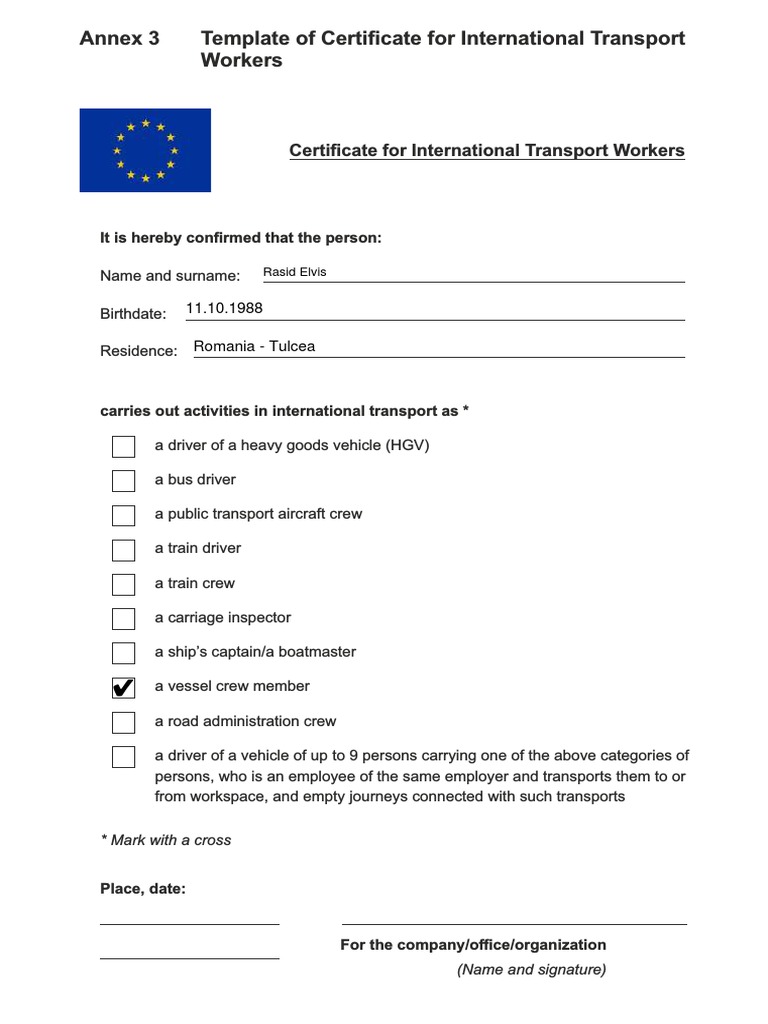Certificate For International Transport Workers - Copie | PDF