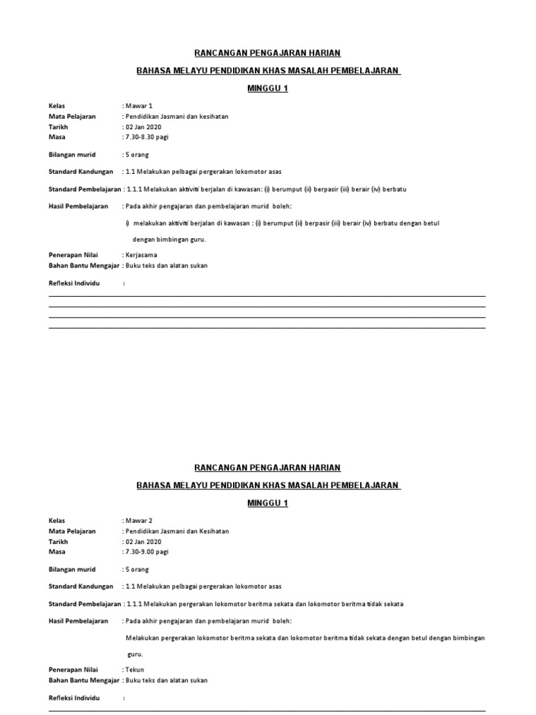 Rancangan Pengajaran Harian Bahasa Melayu Pendidikan Khas Masalah ...