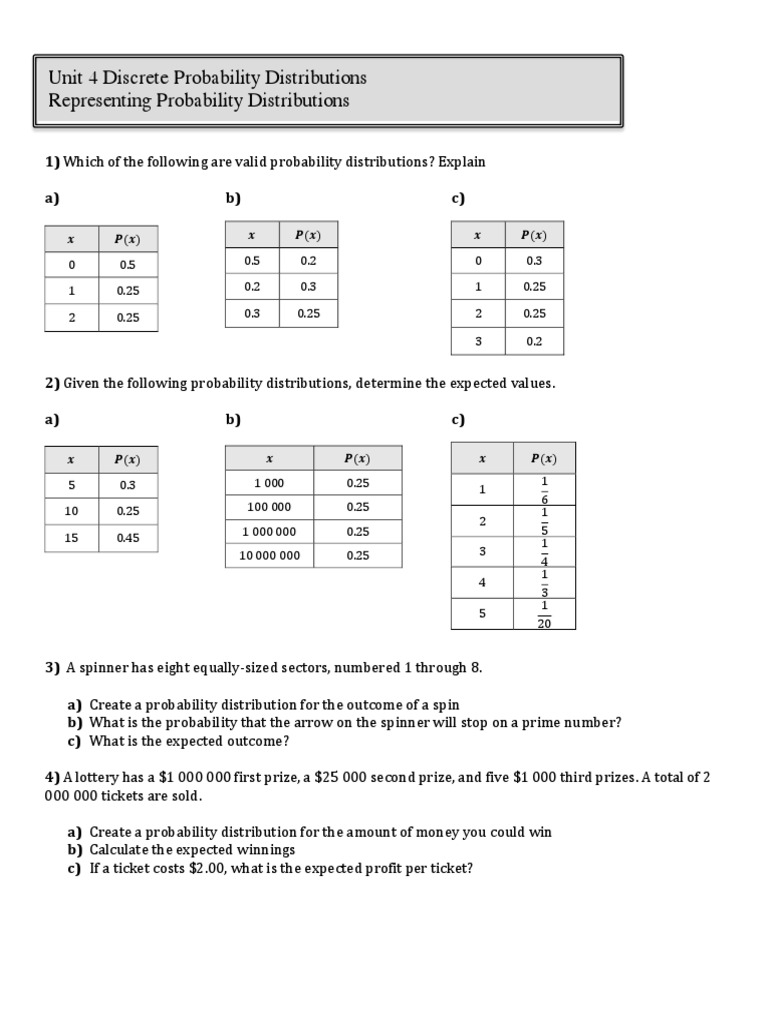 Unit 4 Discrete Probability Distributions Representing Probability ...