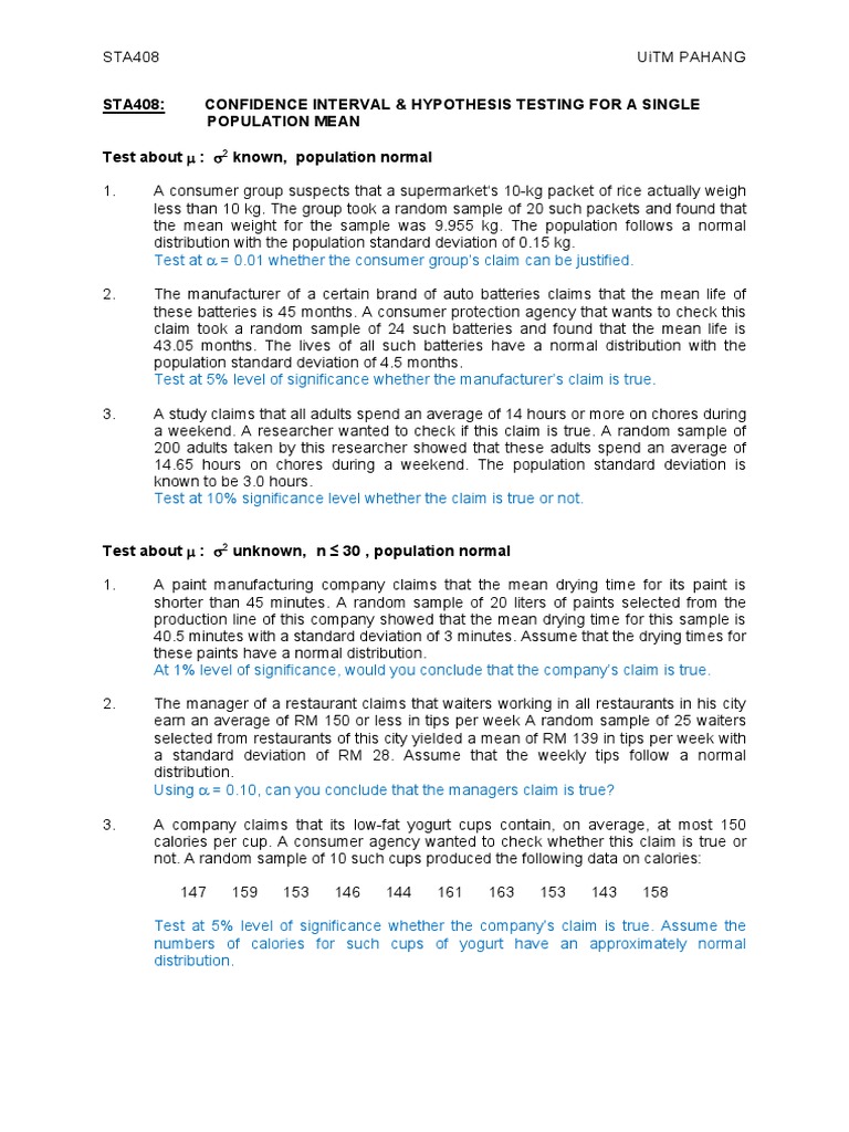 Tuto 1 Tutorial Hypothesis Testing For A Single Population Mean Pdf Statistical Significance