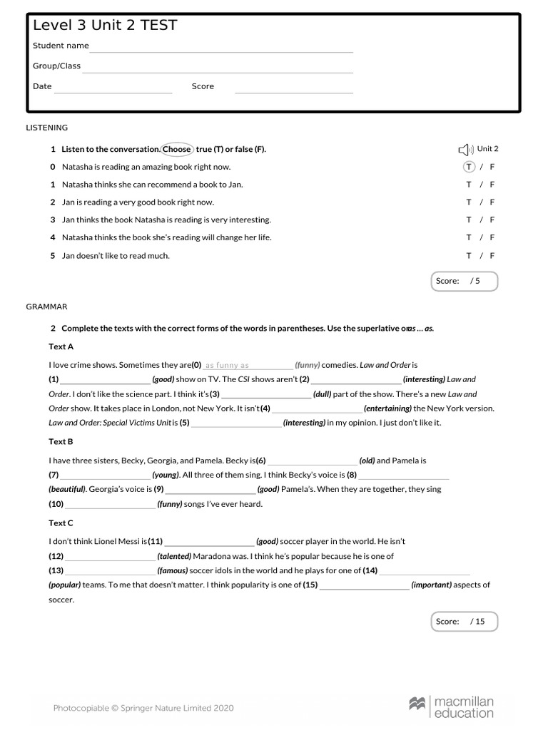 Level 3 Unit 2 TEST: Listen To The Conversation. Choose True (T) or ...