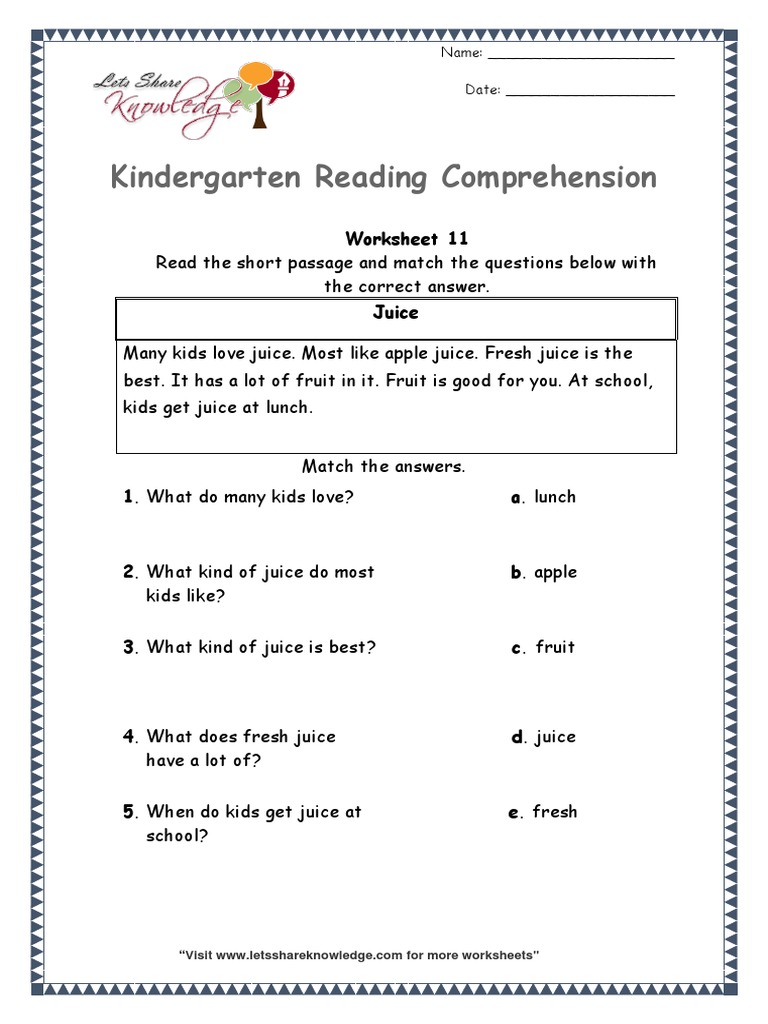 Kindergarten Reading Comprehension 11 Printable Worksheets PDF | PDF