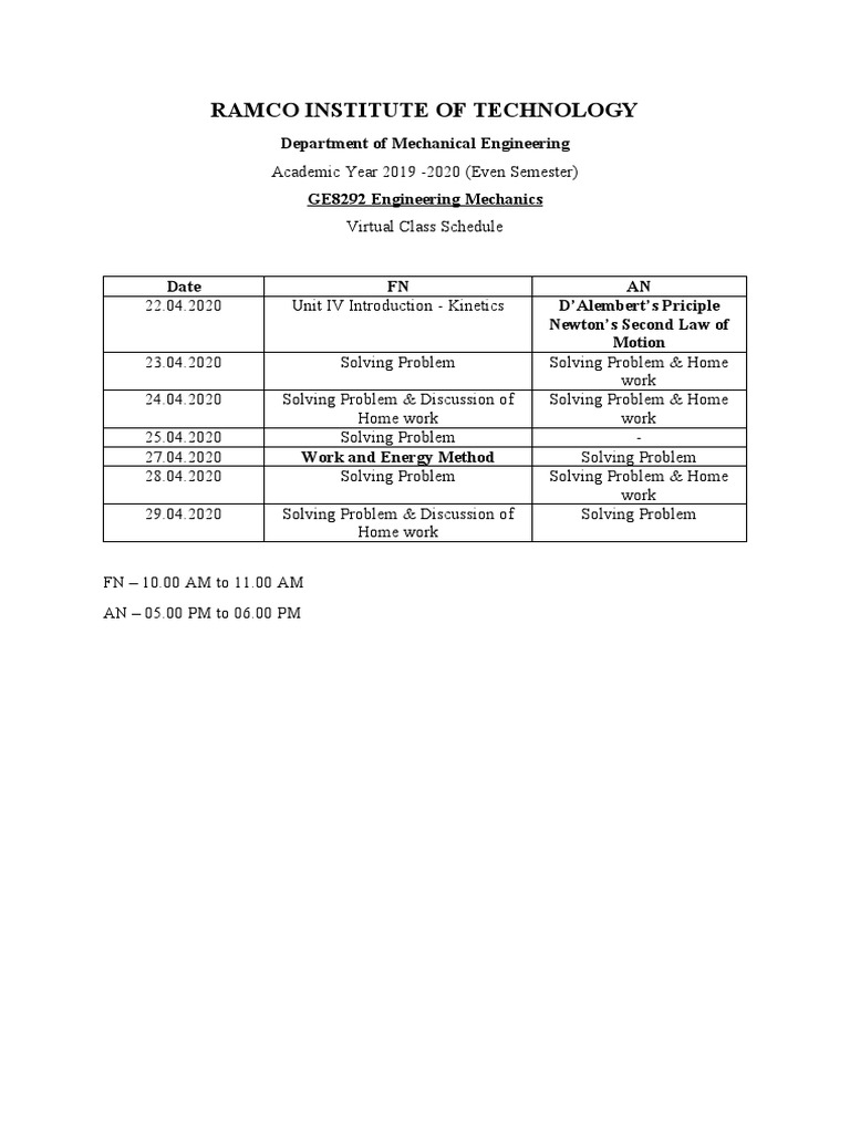 Engineering Mechanics Virtual Class Schedule | PDF