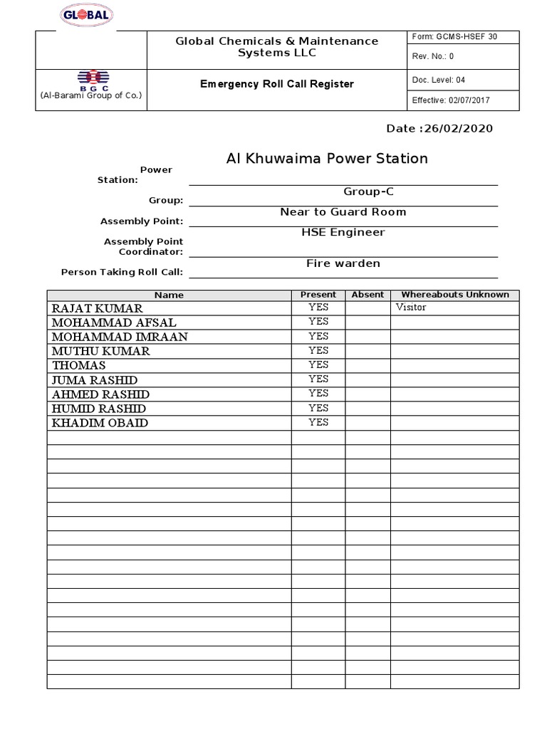 February - Emergency Roll Call Register | PDF