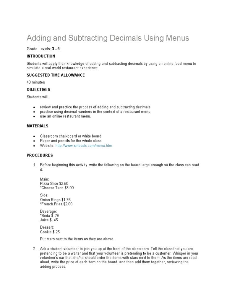 Adding and Subtracting Decimals Using Menus | PDF | Menu | Food And Drink