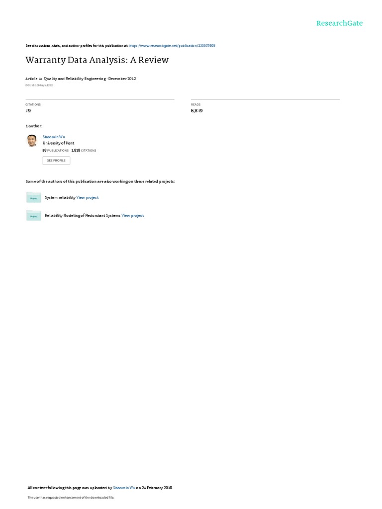 Warranty Data Analysis: A Review: Quality and Reliability Engineering ...