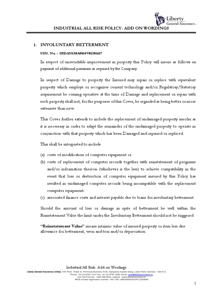 IAR Add Ons - Policy Add Ons Wordings | PDF