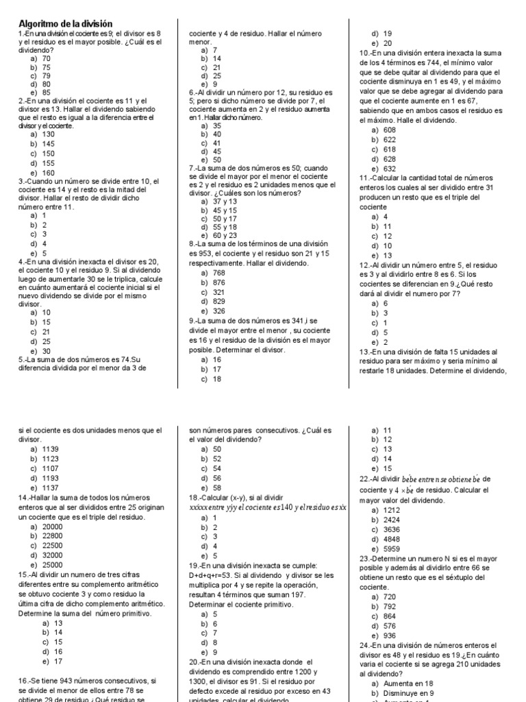 Algoritmo de La Division (37 Problemas) | PDF | División (Matemáticas ...
