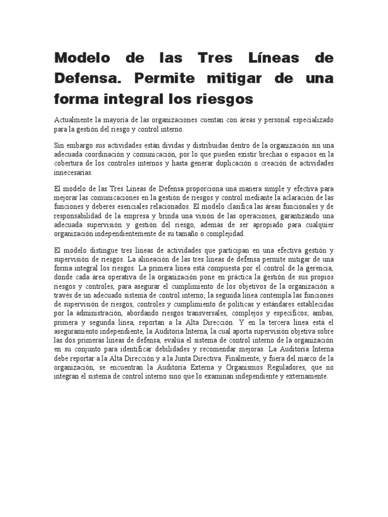 El modelo de las Tres Líneas de Defensa: una estructura integral para ...