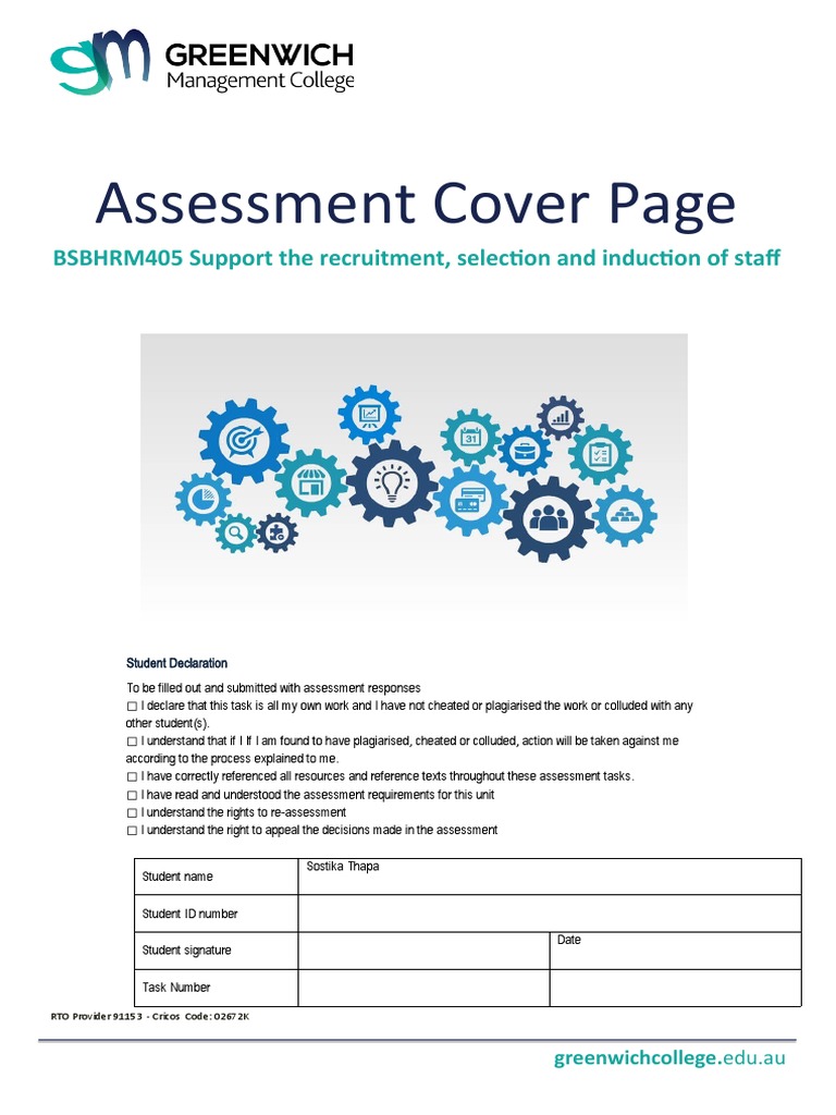 Assessment Cover Page: BSBHRM405 Support The Recruitment, Selection and ...