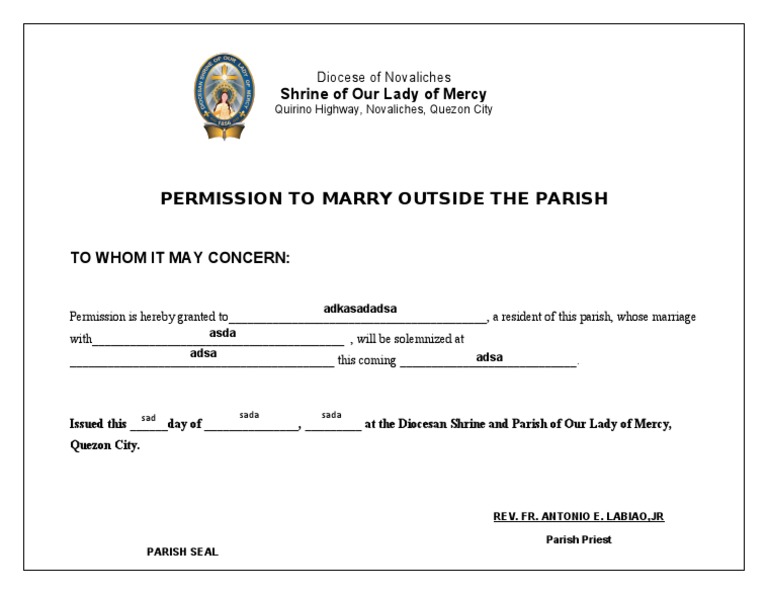 Permission To Marry Outside The Parish: Shrine of Our Lady of Mercy | PDF