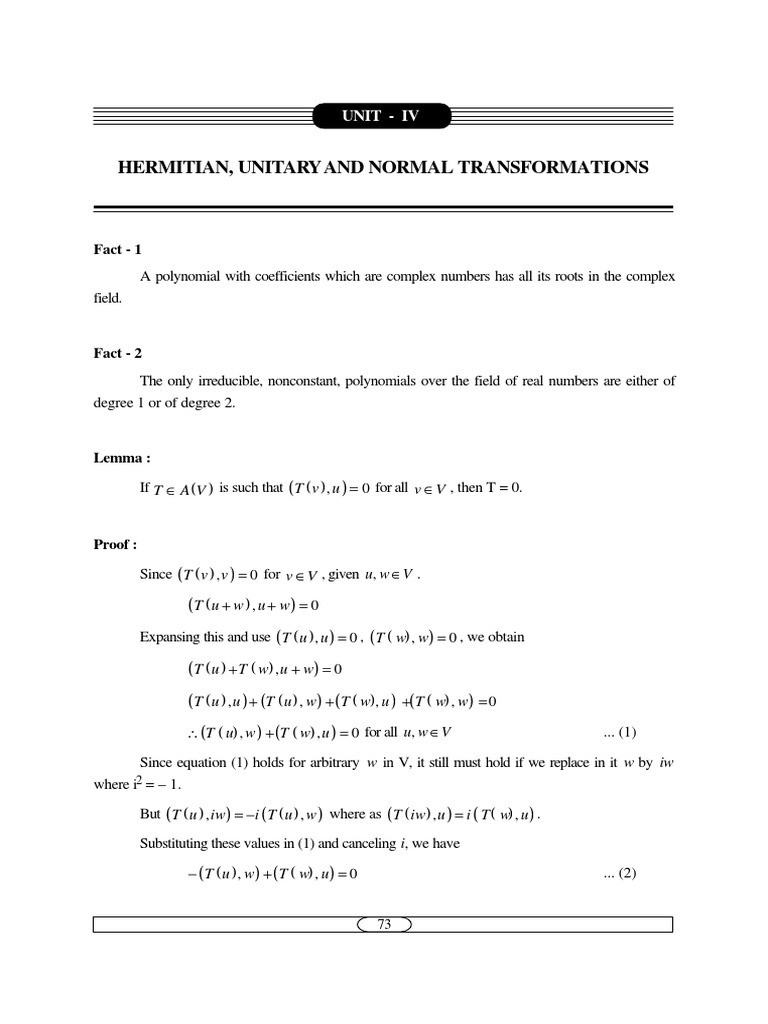 Hermitian, Unitary and Normal Transformations: Fact - 1 | PDF | Basis (Linear Algebra) | Linear ...