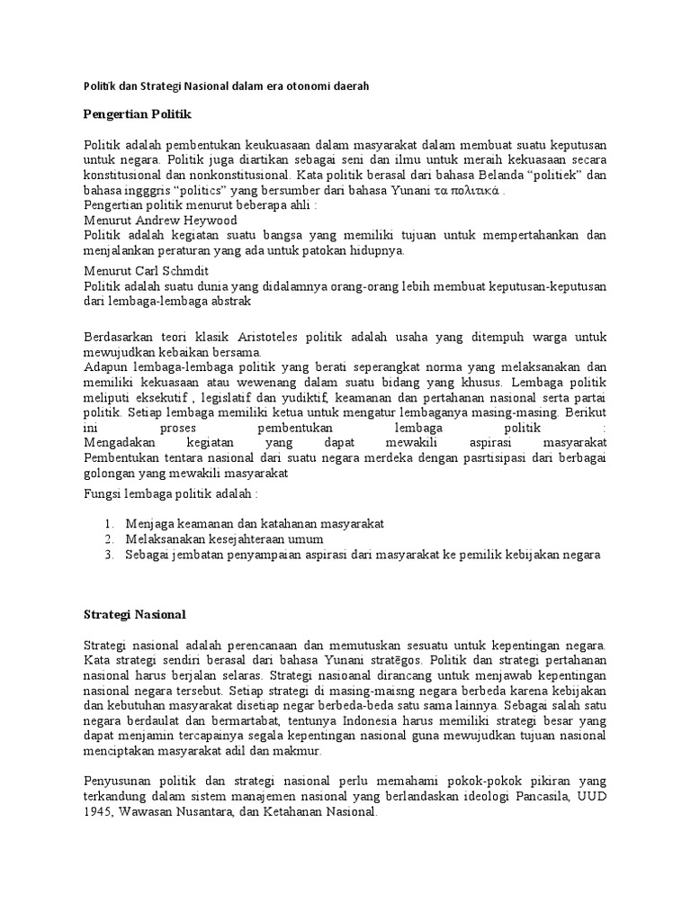Politik Dan Strategi Nasional Dalam Era Otonomi Daerah | PDF
