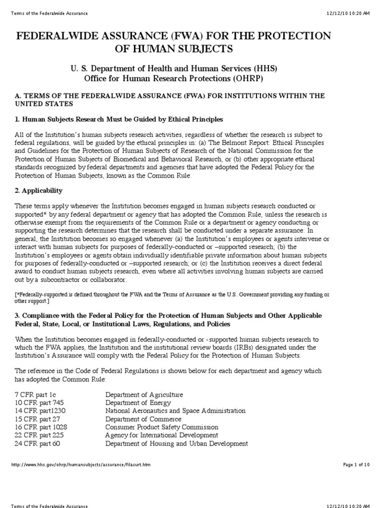 Terms of The Federal Wide Assurance | Download Free PDF | Institutional ...