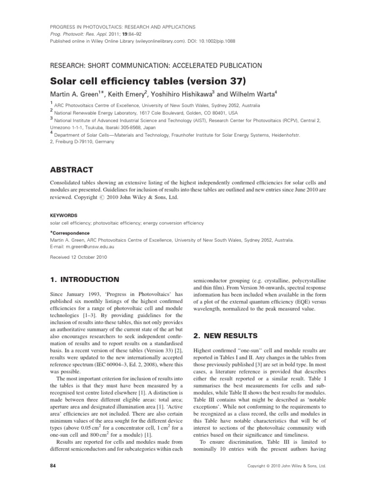 Solar Cell Efficiency Tables Version 22 PDF | PDF | Thin Film Solar ...