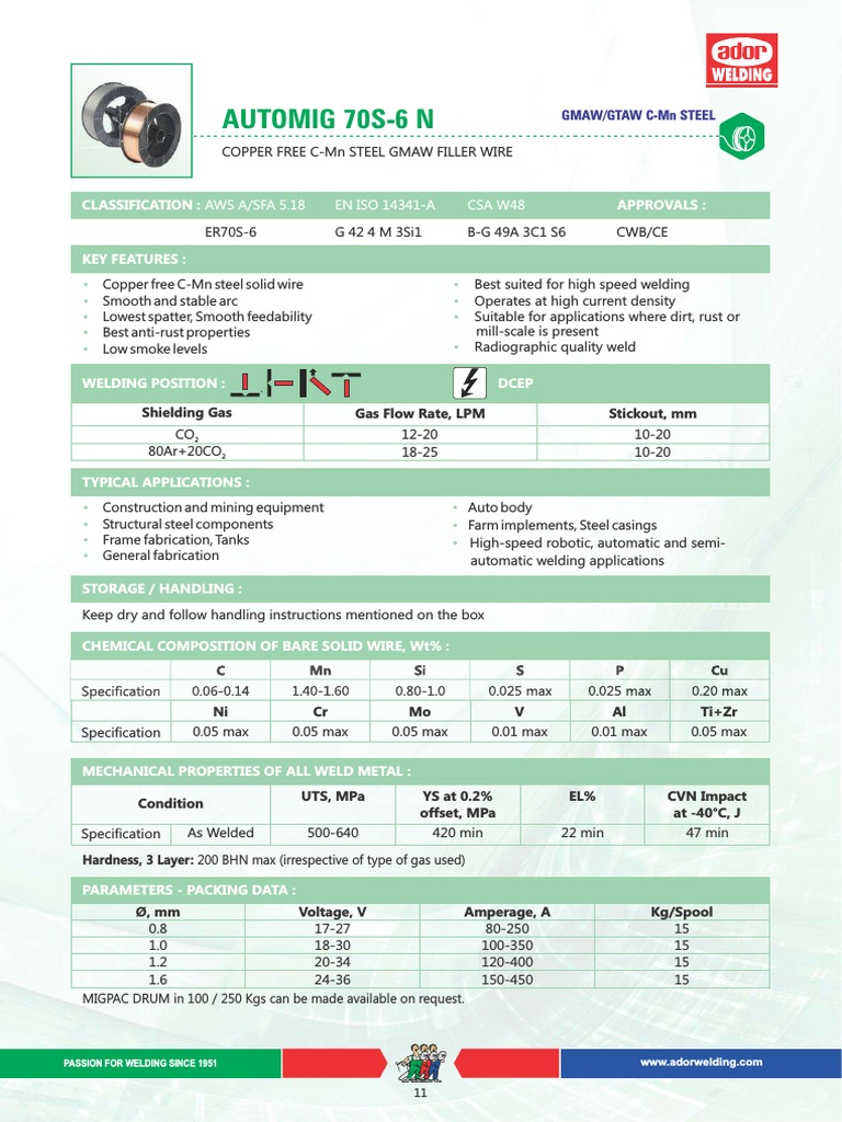 Automig 70S-6 N: EN ISO 14341-A AWS A/SFA 5.18 Csa W48 | PDF | Welding | Construction