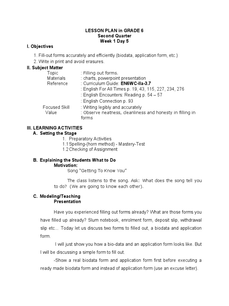 Lesson Plan in Grade 6 Second Quarter Week 1 Day 5 I. Objectives | PDF ...