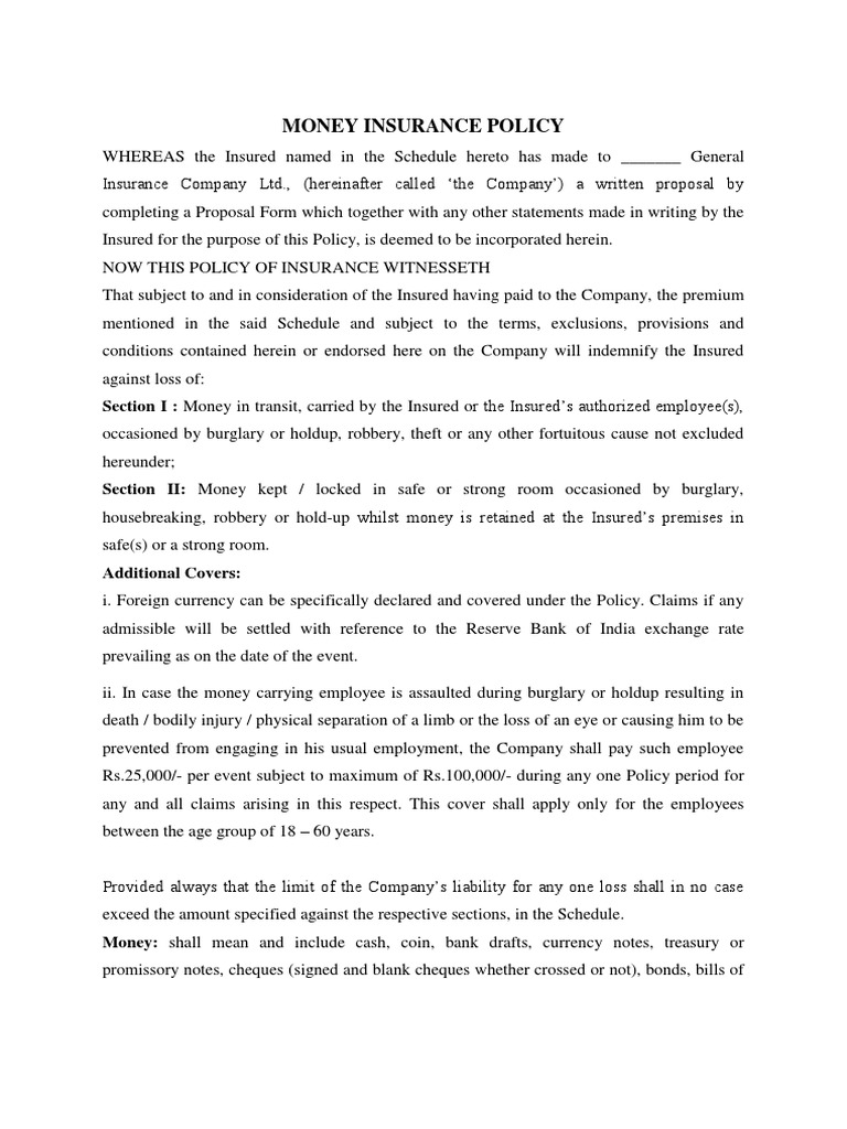 Money Insurance Policy | PDF | Arbitration | Insurance