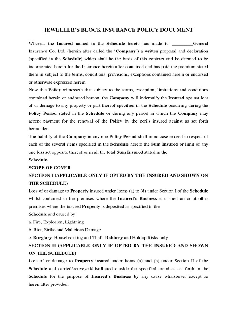 Jeweller'S Block Insurance Policy Document | Download Free PDF ...