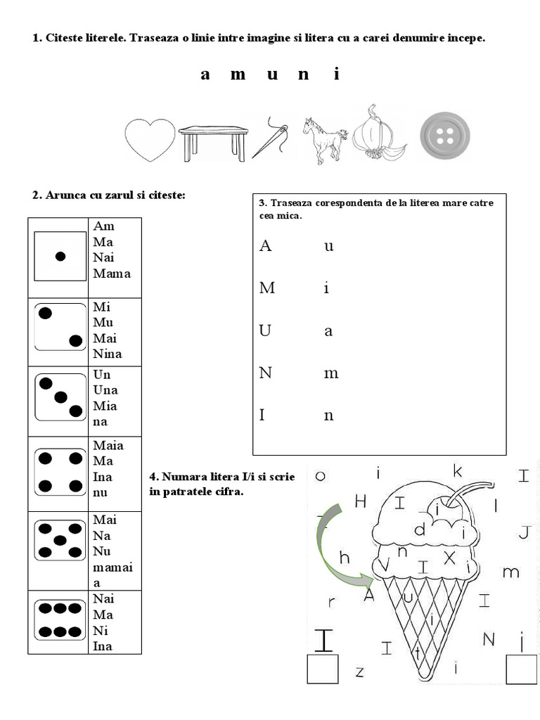 Fisa Clasa Pregatitoare, Recapitulare Literele "A M U N I " | PDF