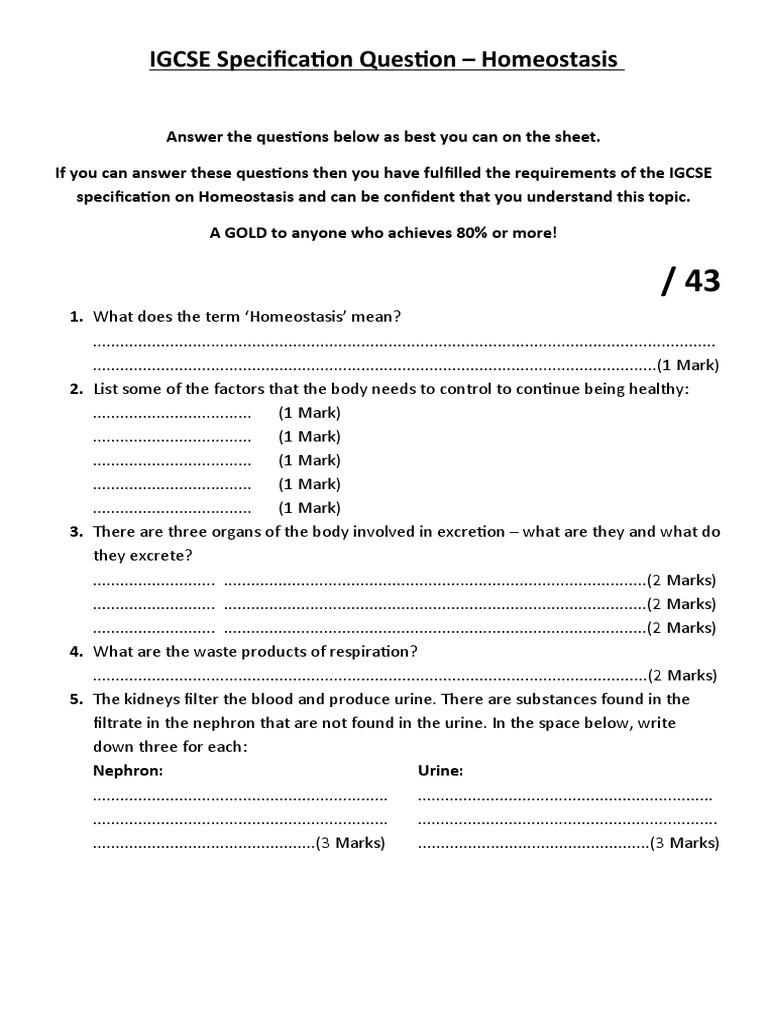 IGCSE Homeostasis Questions | PDF | Homeostasis | Physiology