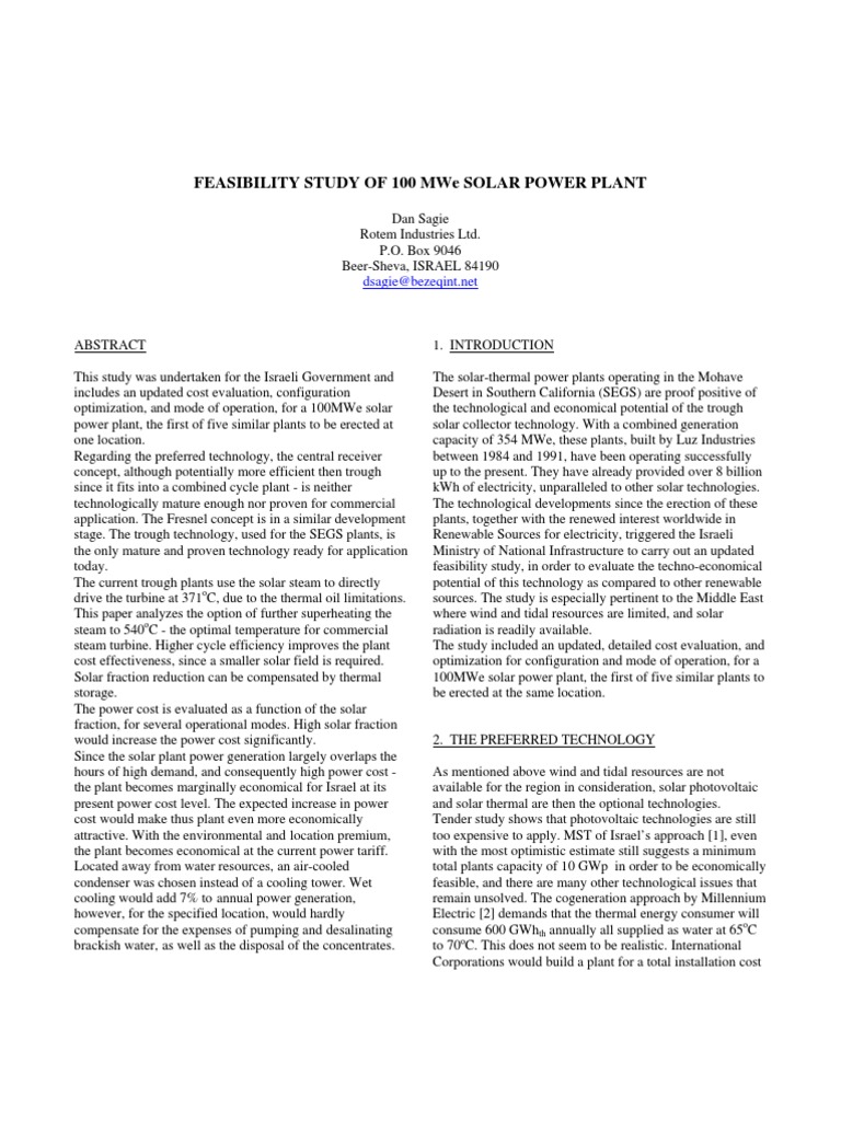 FEASIBILITY STUDY OF 100 MWe SOLAR POWER PLANT | PDF | Solar Power | Steam