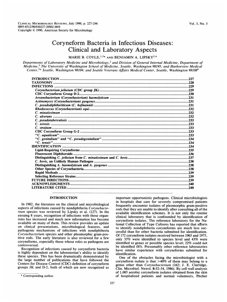 Coryneform Bacteria in Infectious Diseases: Clinical and Laboratory ...