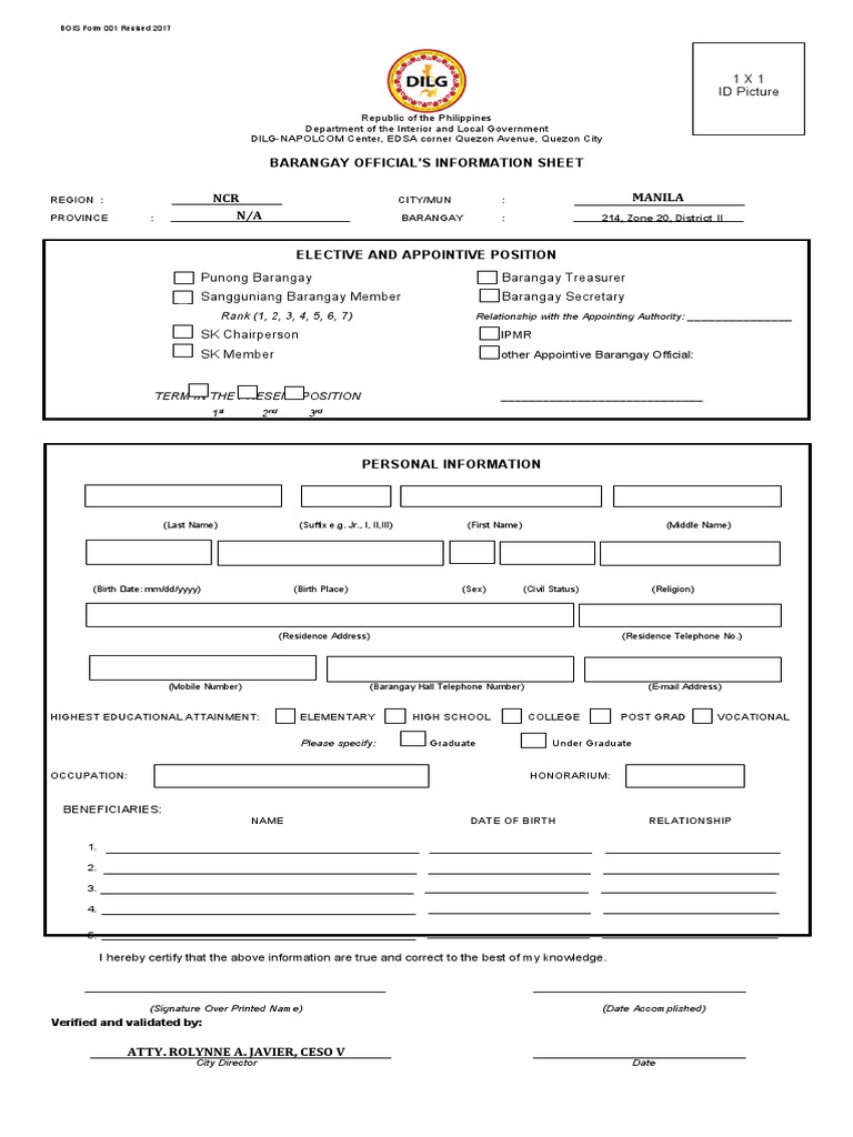 Brgy Official Info Sheet FORM - Revised 2018 | PDF | Philippines ...