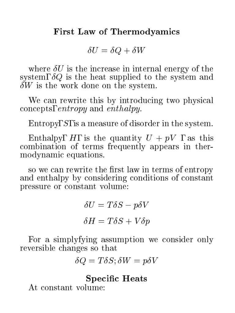 First Law of Thermodyamics: U Q W U Q W Entropy Enthalpy S H U PV | PDF ...