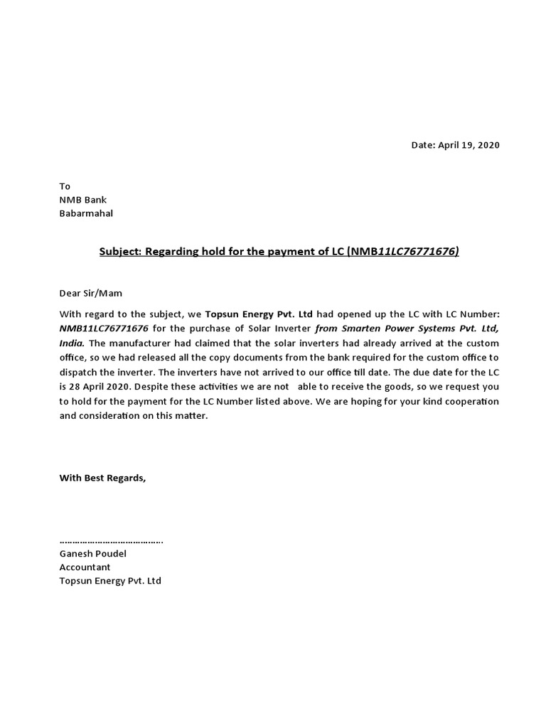 LC Payment Hold Letter | PDF