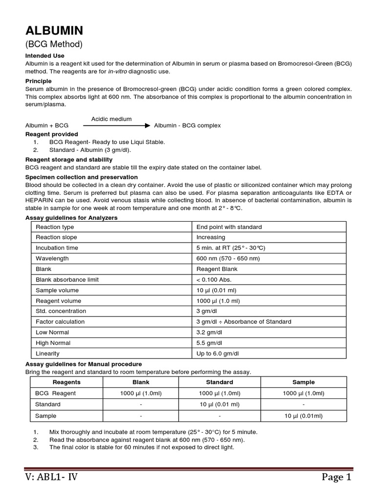 Albumin: (BCG Method) | PDF | Blood Plasma | Body Fluids