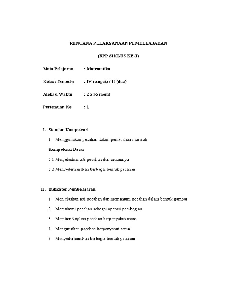 RPP KTSP MTK Kelas IV | PDF