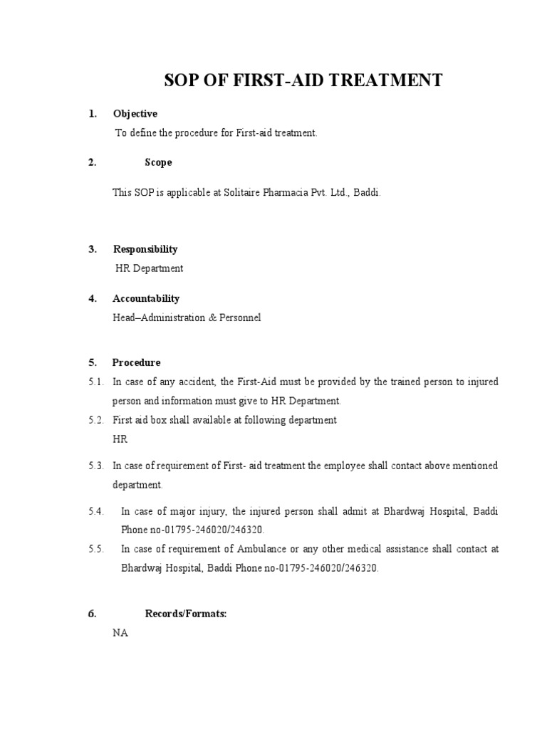 Sop of First-Aid Treatment | PDF