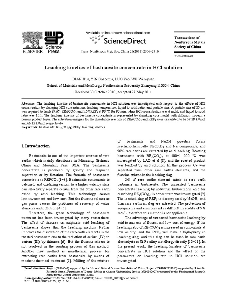Leaching Kinetics of Bastnaesite Concentrate in HCL Solution | PDF ...