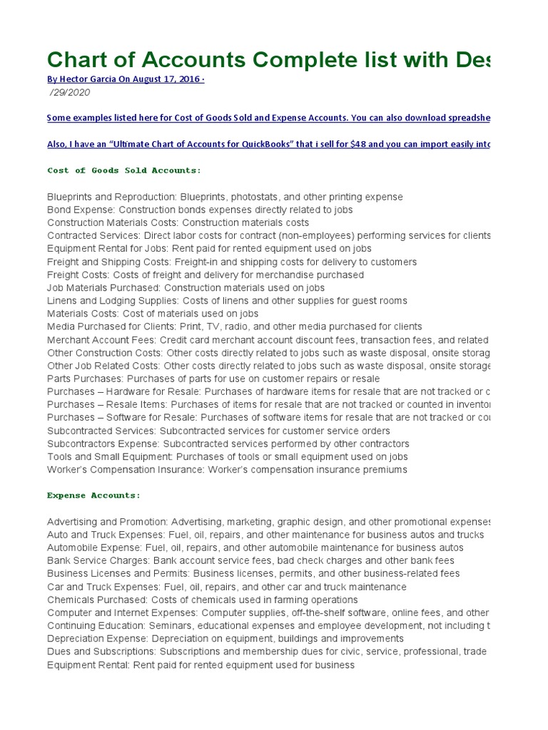 Chart of Accounts Complete List With Descriptions (For Quickbooks ...