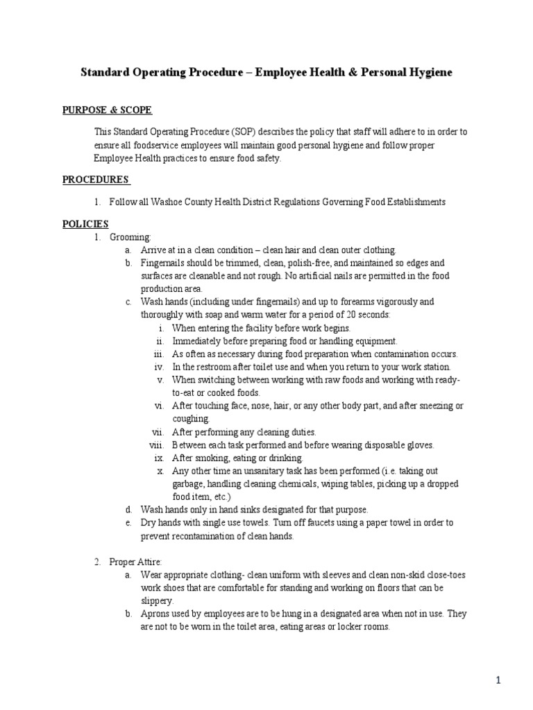 Employee Hygiene SOP for Food Safety | PDF | Hygiene | Hand Washing